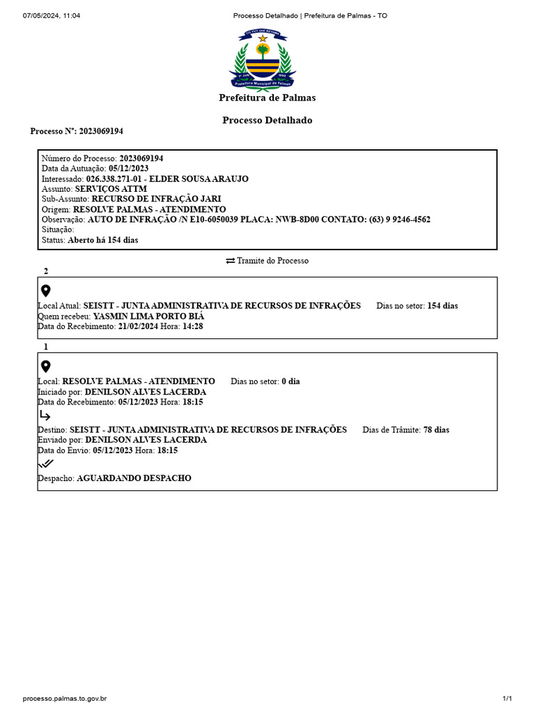 Processo Detalhado - Prefeitura de Palmas - TO | PDF
