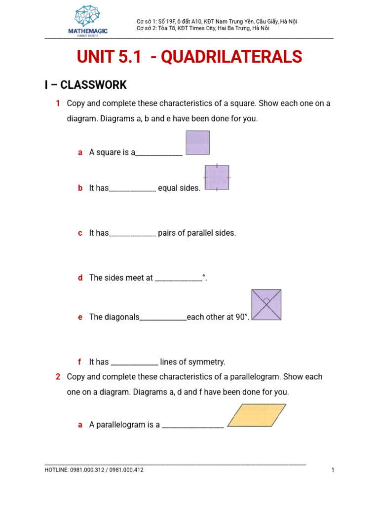 Worksheet - Stage 6 - Unit 5.1 - Quadrilaterals - Ans | PDF