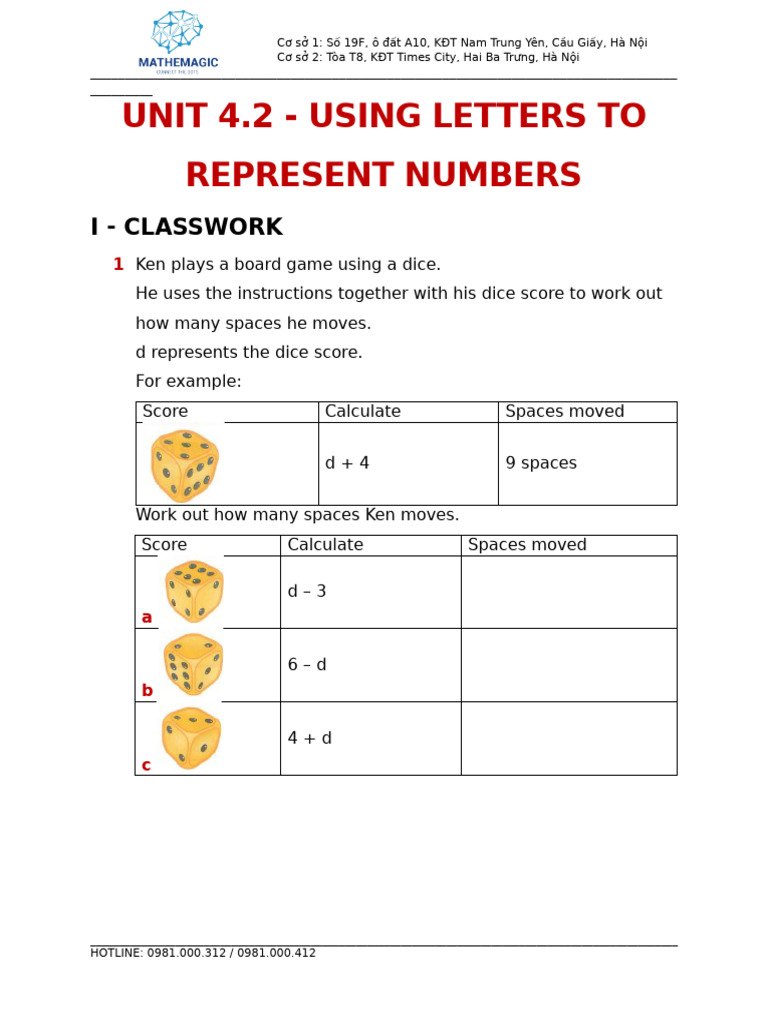 Unit 4.2 - Using Letters To Represent Numbers: I - Classwork | PDF