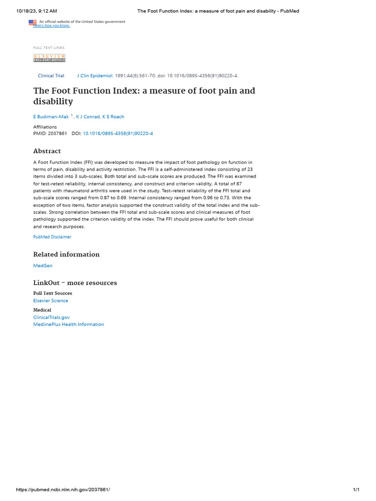 The Foot Function Index - A Measure of Foot Pain and Disability ...