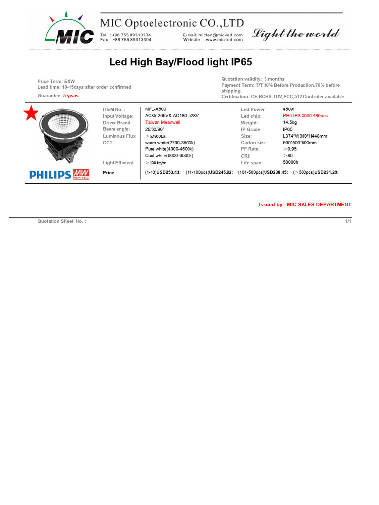 MIC Led Flood Light A Series Quotaiton 450w | PDF