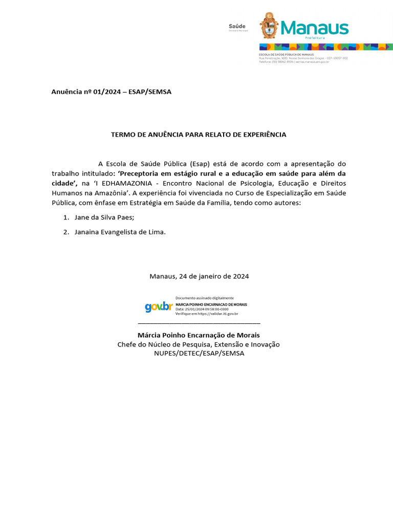 01-TERMO de ANUENCIA Jane Da Silva Paes Assinado | PDF