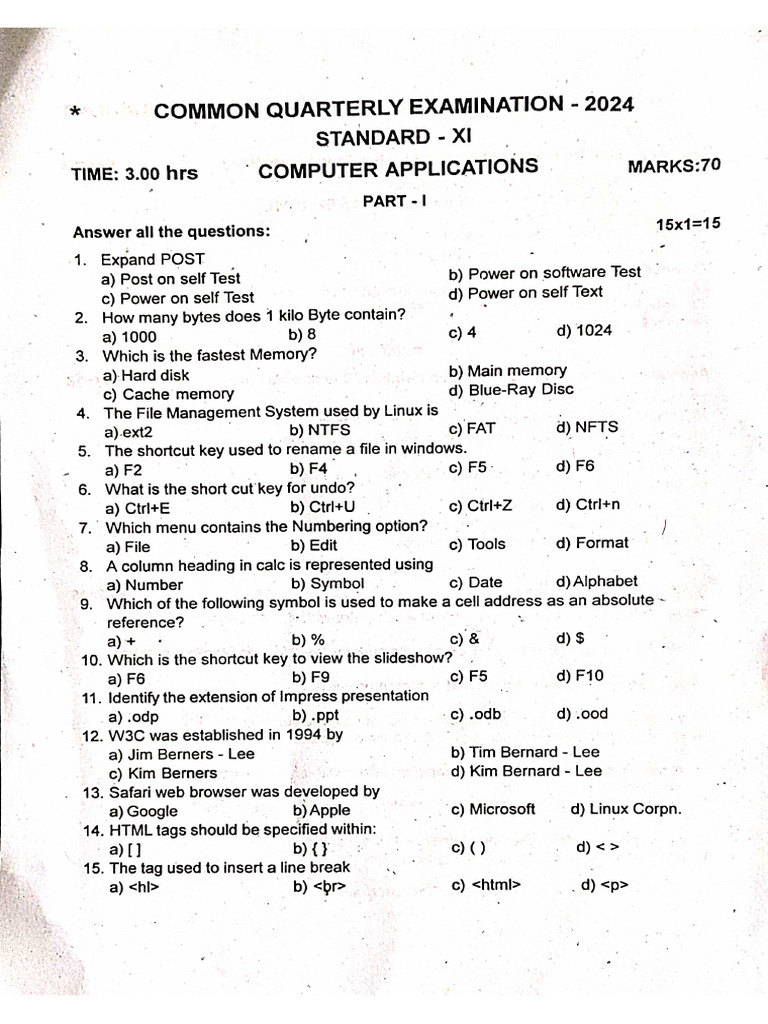 11th Computer Applications Quarterly Exam 2024 Original Question Paper ...