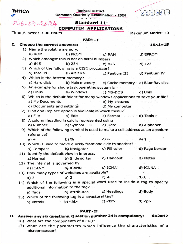 11th Computer Applications EM Quarterly Exam 2024 Question Paper Thenkasi District English ...
