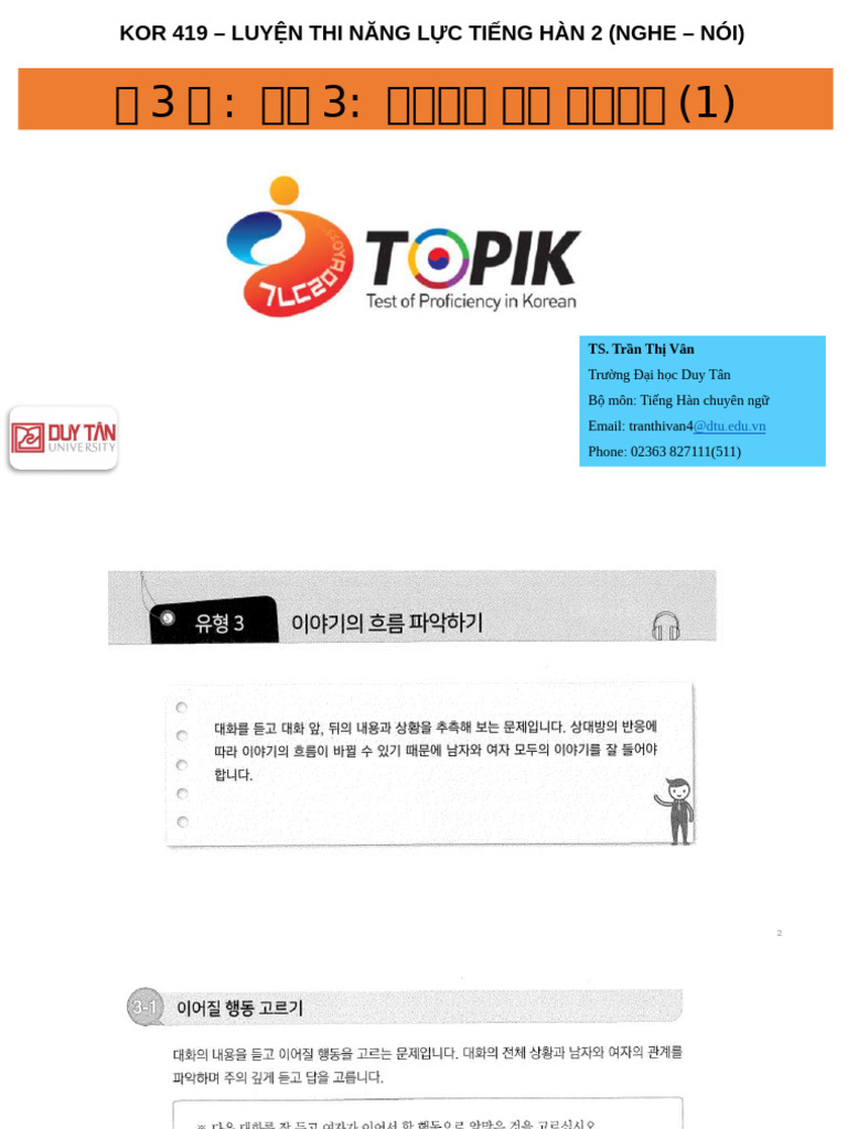 KOR 419 - Luyen Thi Nang Luc Tieng Han 2 (Nghe-Noi) - 2023F - Lecture Slides - 3 | PDF