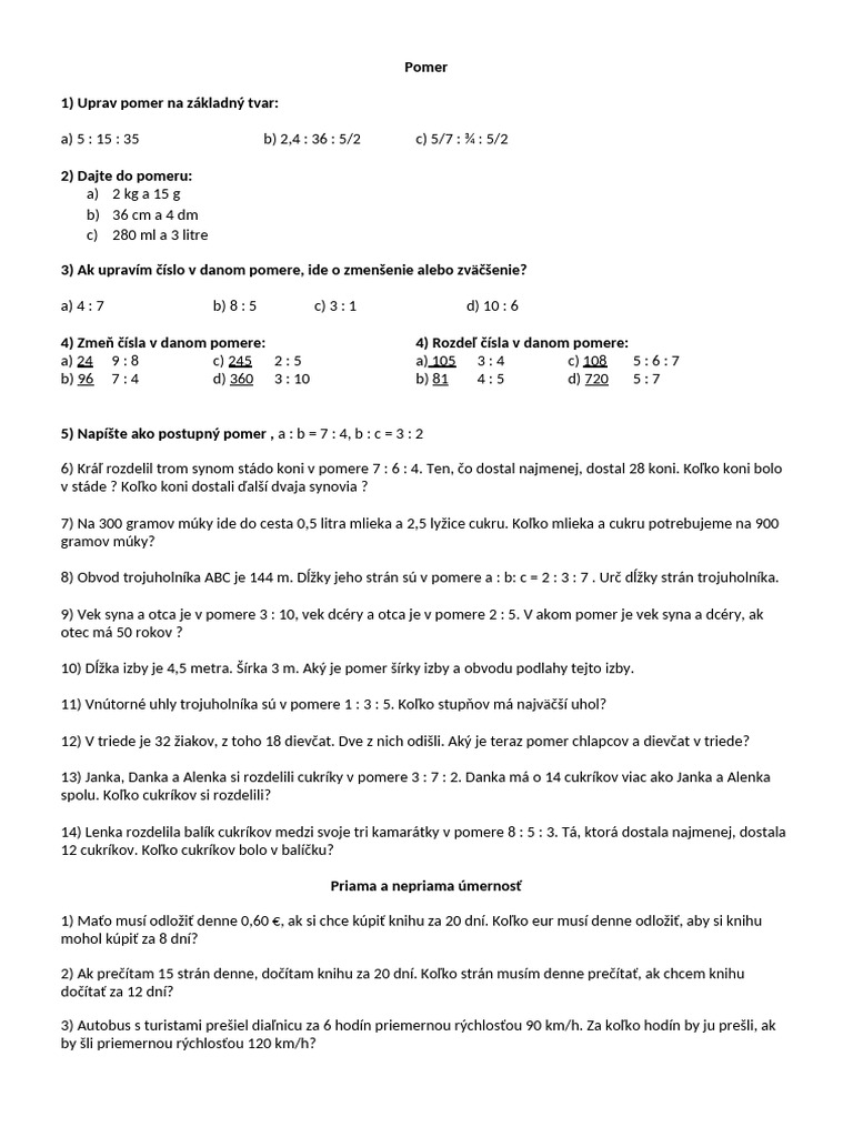 MAT7 - Pomer - Priama A Nepriama Umernost - Opakovanie - PL7 | PDF