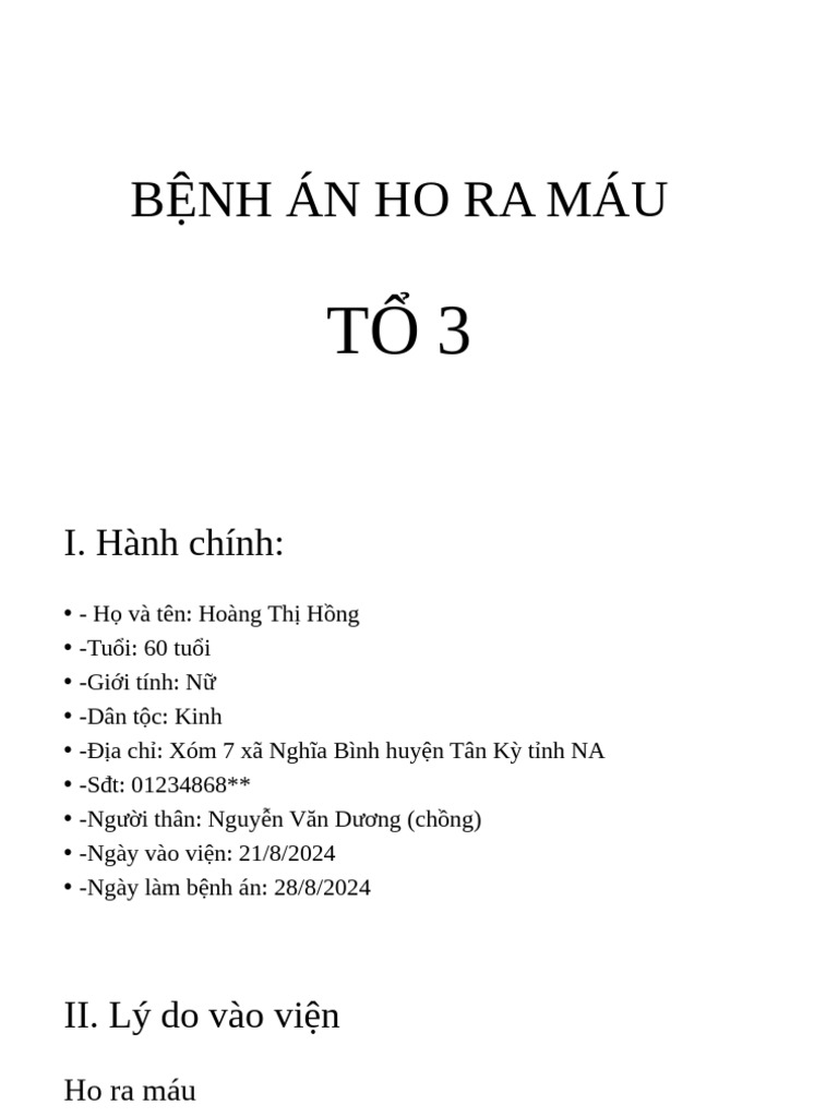 BỆNH ÁN HO RA MÁU | PDF