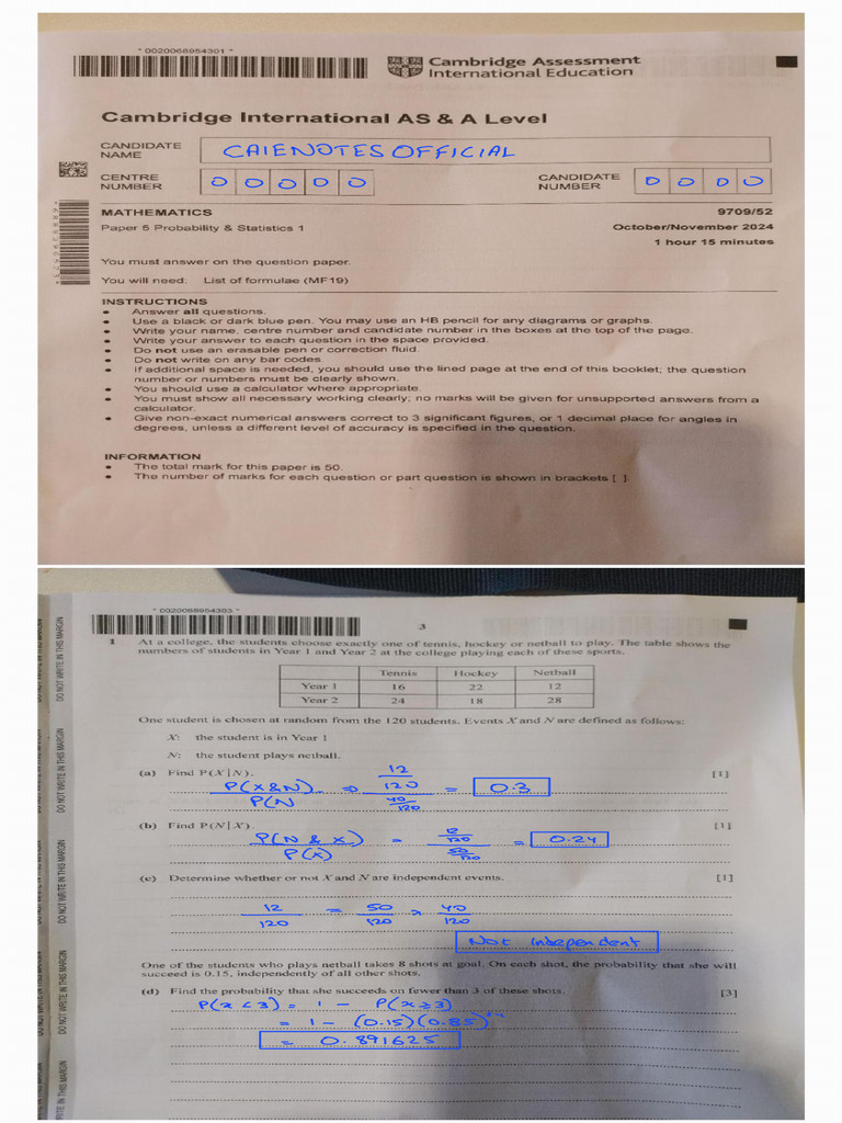 9709 Maths Paper 5 (S1) Solved Marking Scheme - Caienotesofficial | PDF
