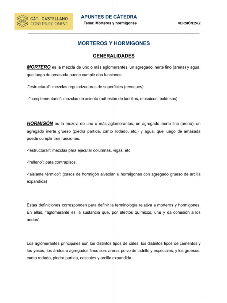 C1 Castellano - APUNTE - Morteros y Hormigones - V24.2 | PDF