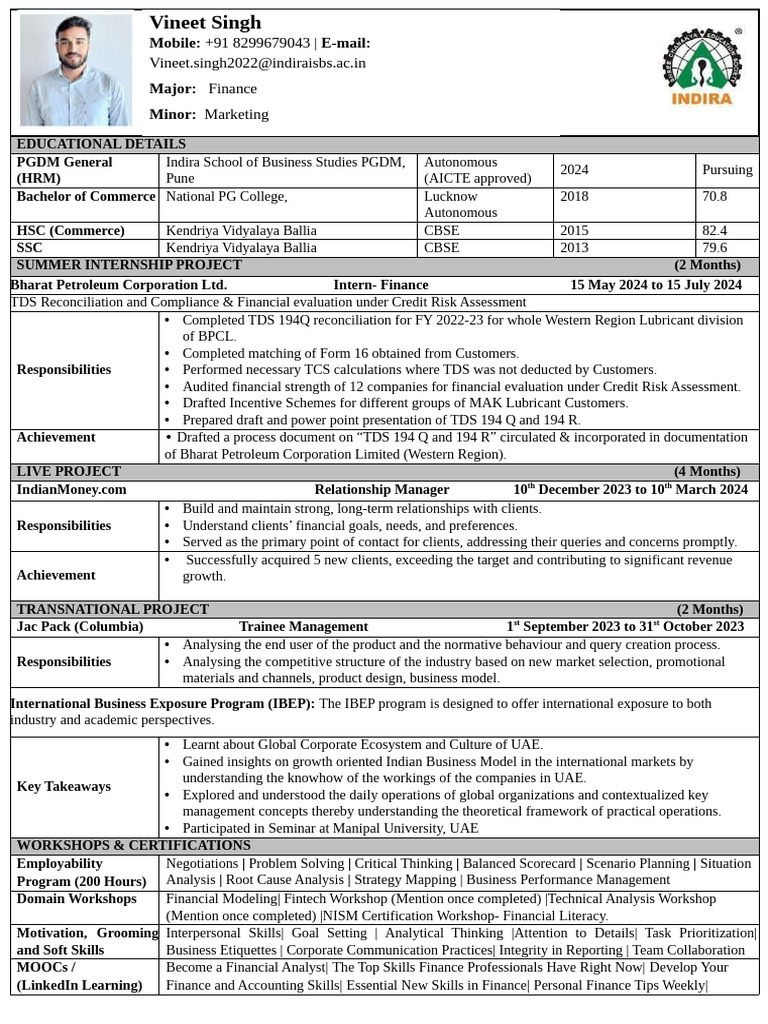 Model CV - Fin - Batch 2023-25 | PDF