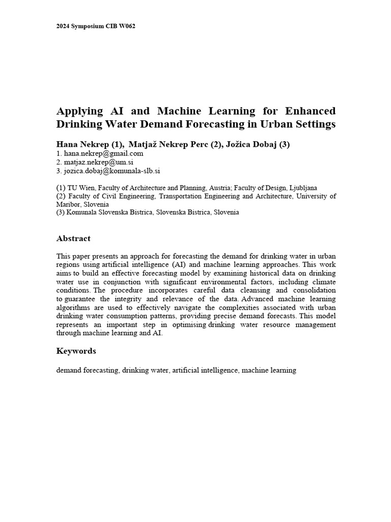 Applying AI and Machine Learning For Enhanced Drinking Water Demand Forecasting in Urban ...