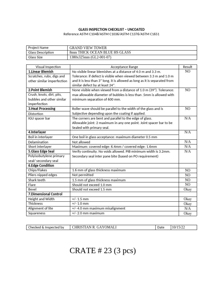 Glass Inspection Checklist - Uncoated Revision 01 (March 2, 2018) | PDF