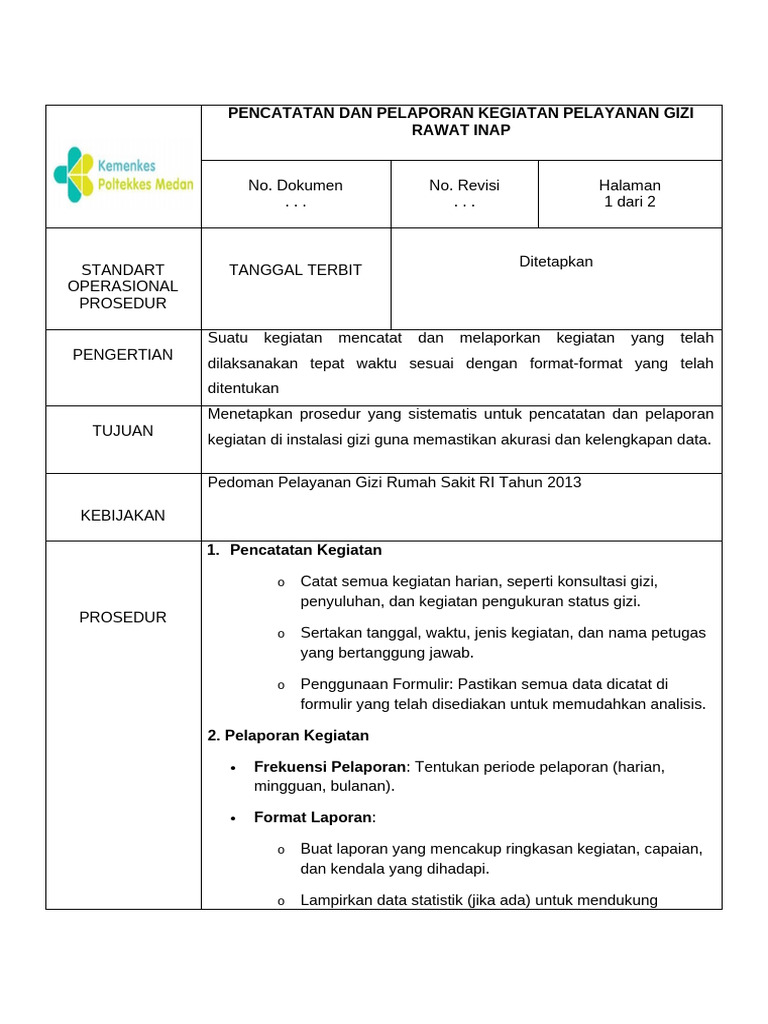 SOP Pencatatan Dan Pelaporan Kegiatan Gizi Ranap | PDF
