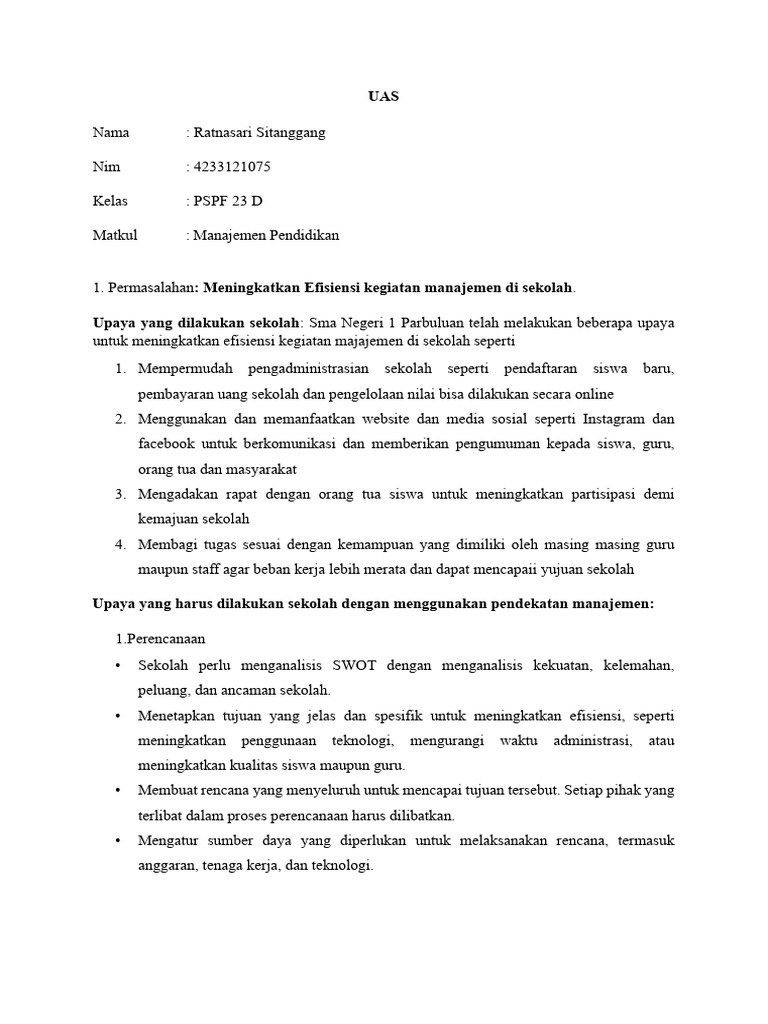 Ratnasari Sitanggang PSPF23D UAS Manajemen Pendidikan | PDF
