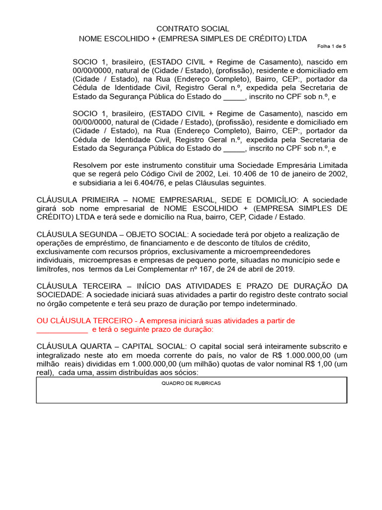 SUGESTÃO DE MODELO CONTRATO SOCIAL JUCEPAR | PDF