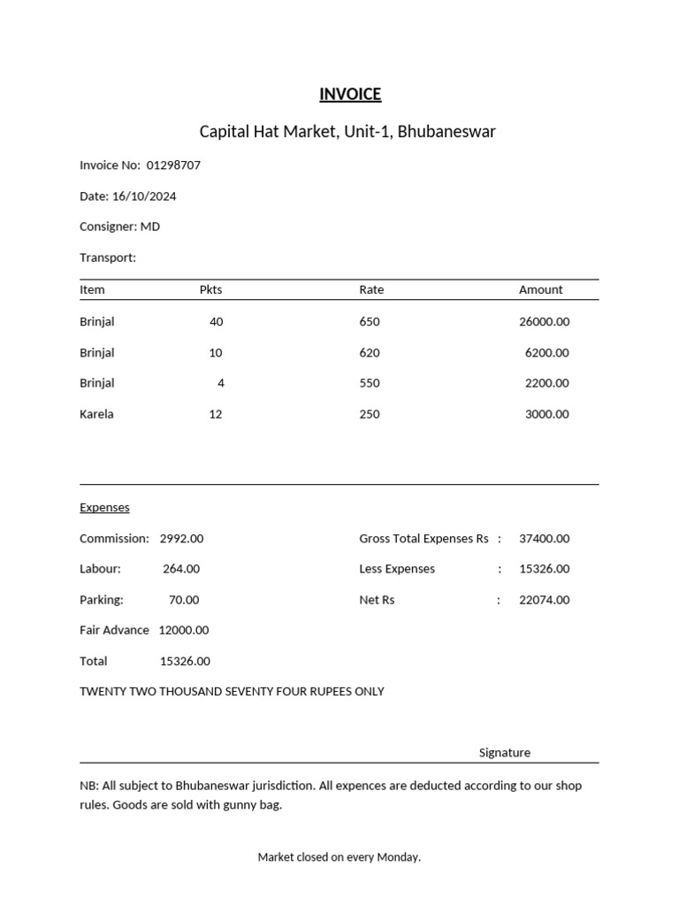 Capital Hat Market, Unit-1, Bhubaneswar: Invoice | PDF