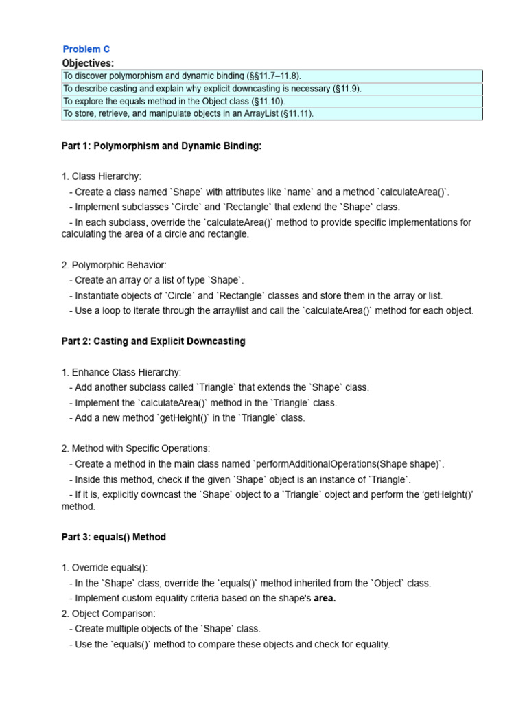 Objectives:: Part 1: Polymorphism and Dynamic Binding | PDF