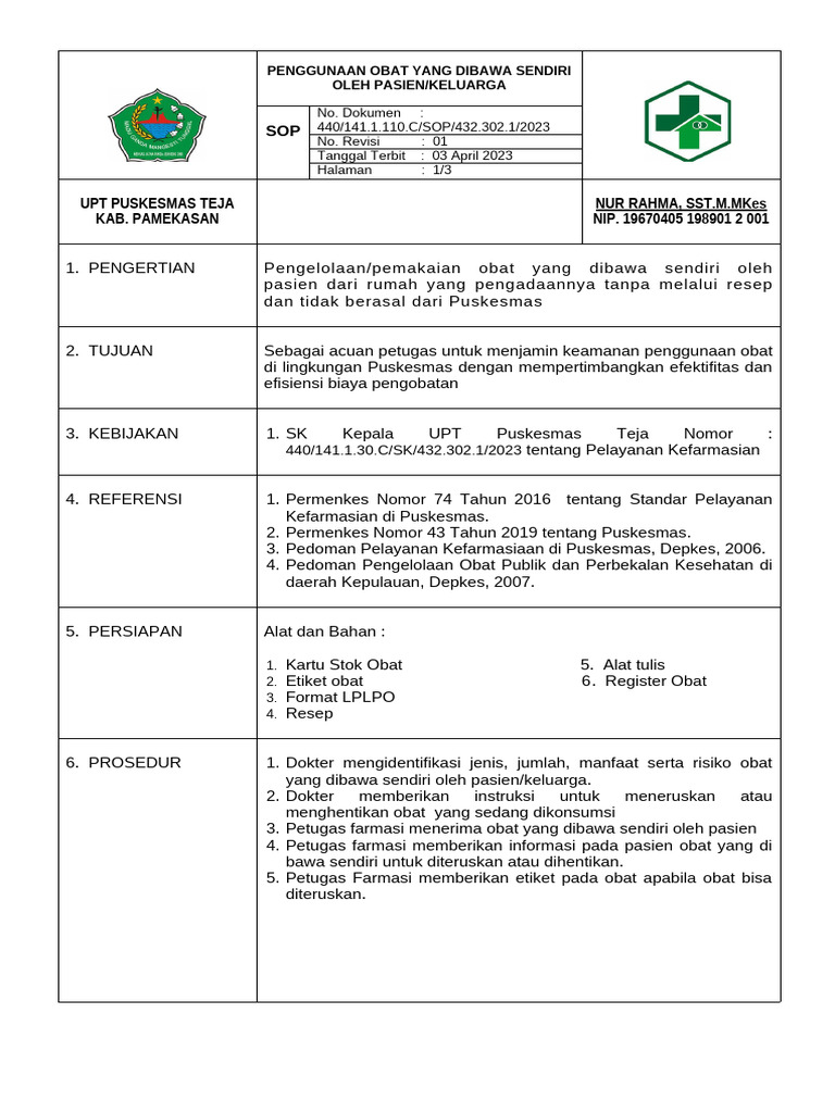 SOP Penggunaan Obat Sendrii | PDF