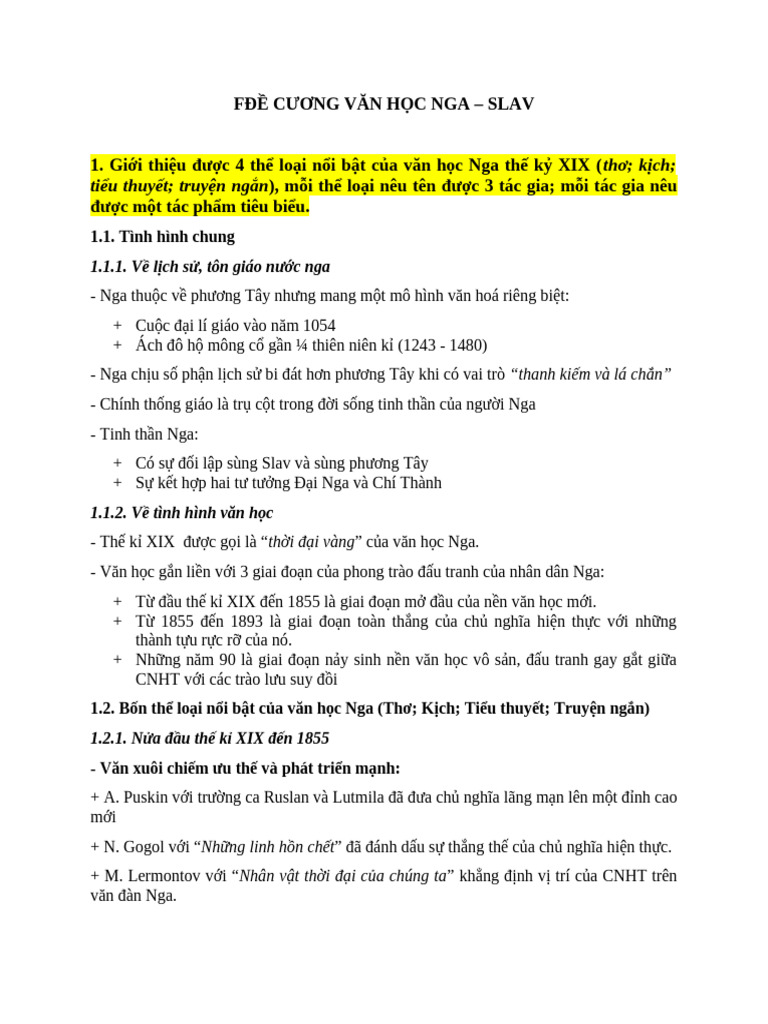 Đề Cương VH Nga-Slav | PDF