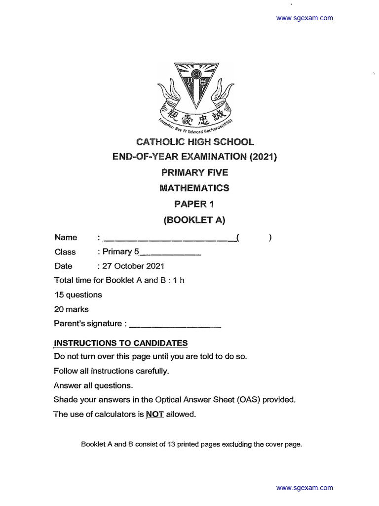 2021-P5-Maths-Semestral Assessment 2-Catholic High | PDF