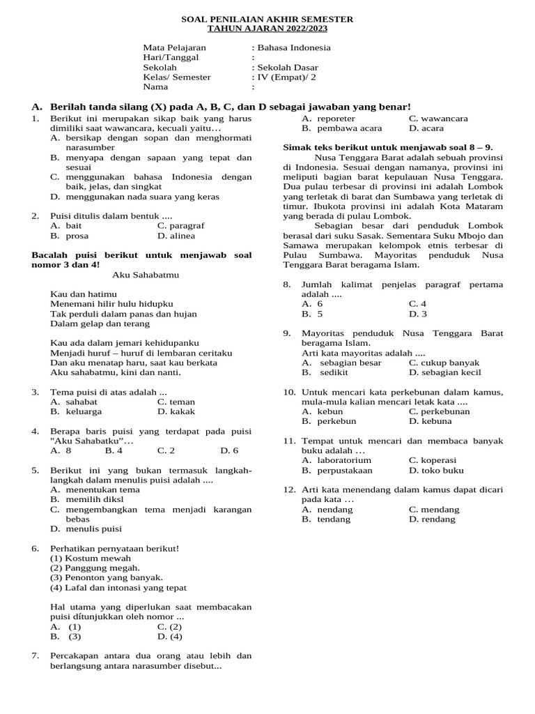 Soal UTS 1 B.Indo 1 Kls 4 | PDF