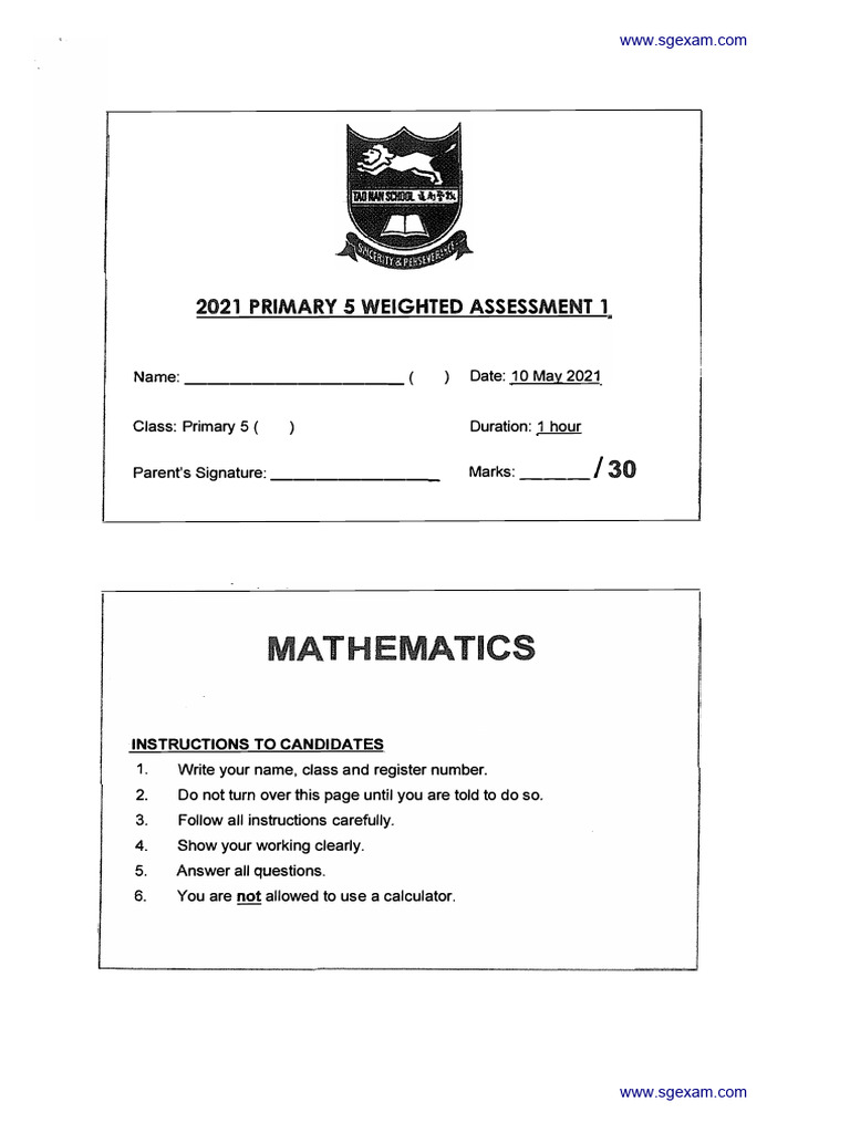 2021-P5-Maths-Weighted Assessment 1-Tao Nan | PDF