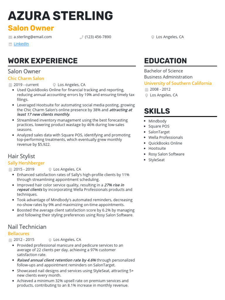 Salon Entrepreneur Resume Example | PDF | Quick Books | Business