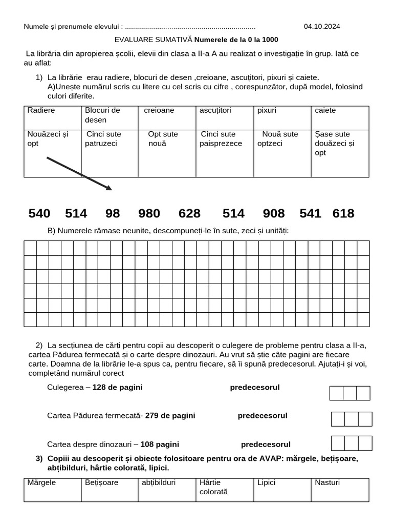 Evaluare Unitatea 2 Numere 0-1000 | PDF