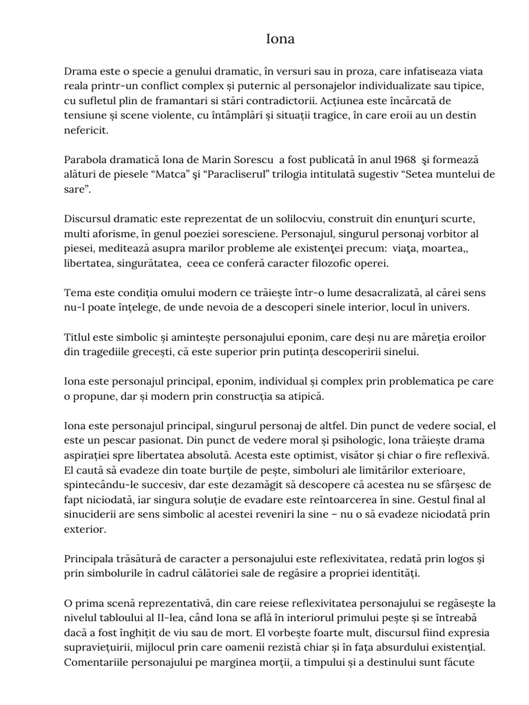 Iona de Marin Sorescu (Caracterizare) | PDF