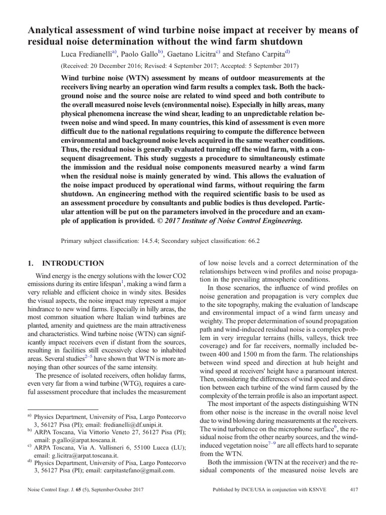 2017 - Noise Control Engr. J. n.65 - Analytical Assessment of Wind Turbine Noise Impact | PDF
