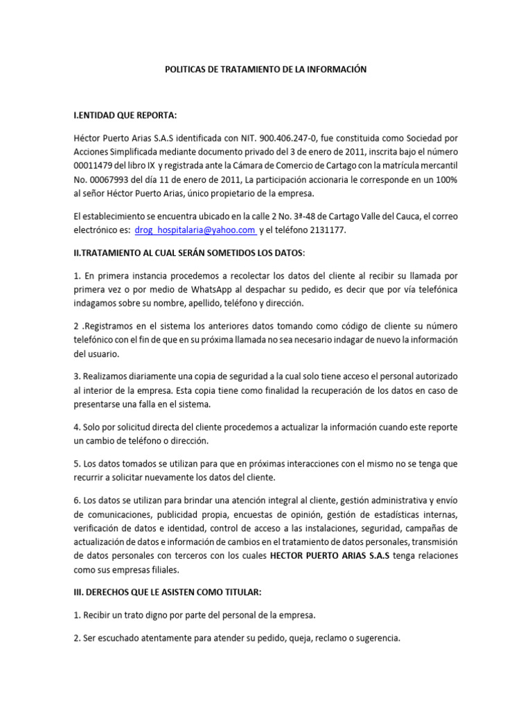 POLITICAS DE TRATAMIENTO DE LA INFORMACIÃ N clientes HPA | PDF