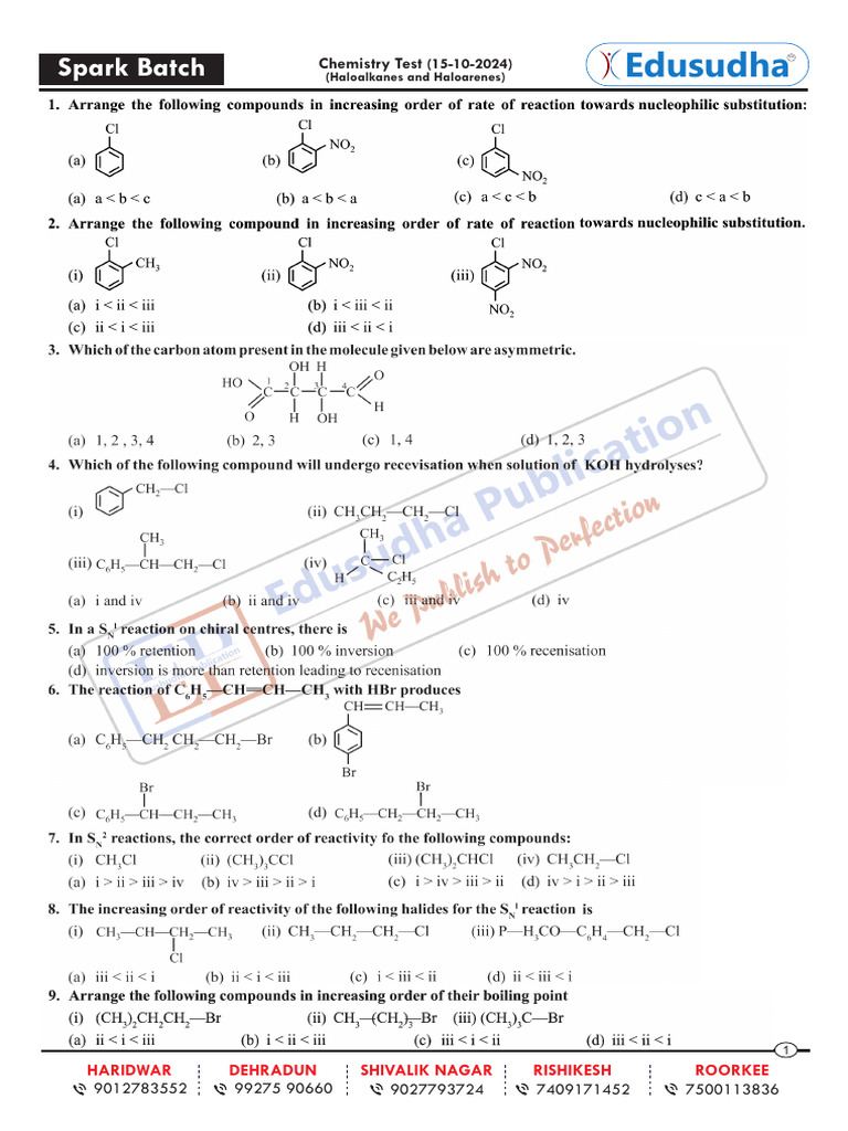 Haloalkanes & Haloarens Test Dt. 15-10-2024 (RRK) | PDF