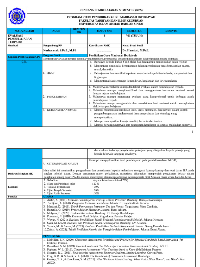 RPS Evaluasi Pembelajaran Terpadu | PDF