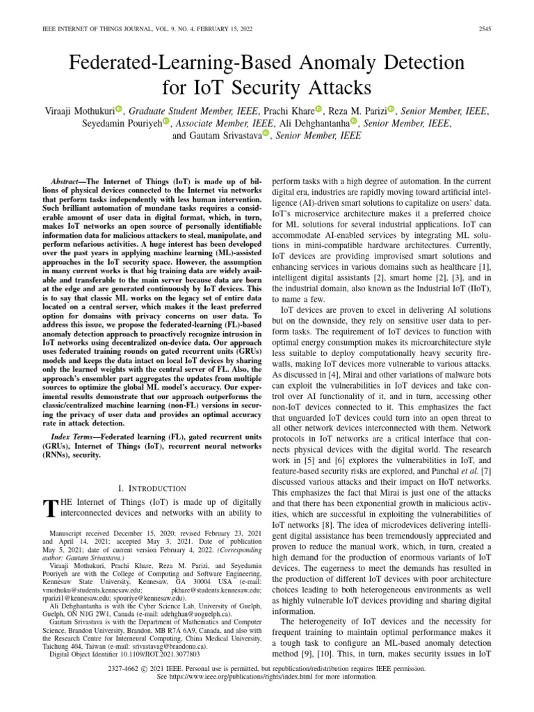 Federated-Learning-Based Anomaly Detection For IoT Security Attacks | PDF