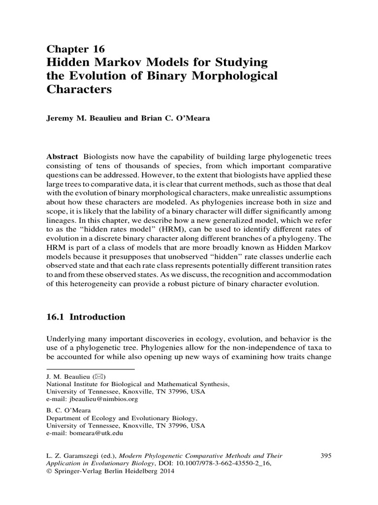 Cap. 16 - Hidden Markov Models For Studying The Evolution of Binary Morphological Characters | PDF