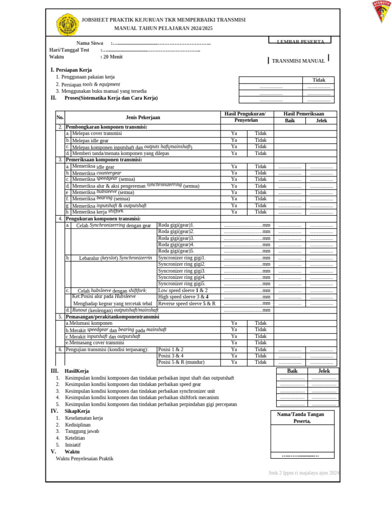 Jobsheet Praktik Kejuruan TKR Memperbaiki Transmisi Manual Tahun Pelajaran 2024 | PDF | Teaching ...