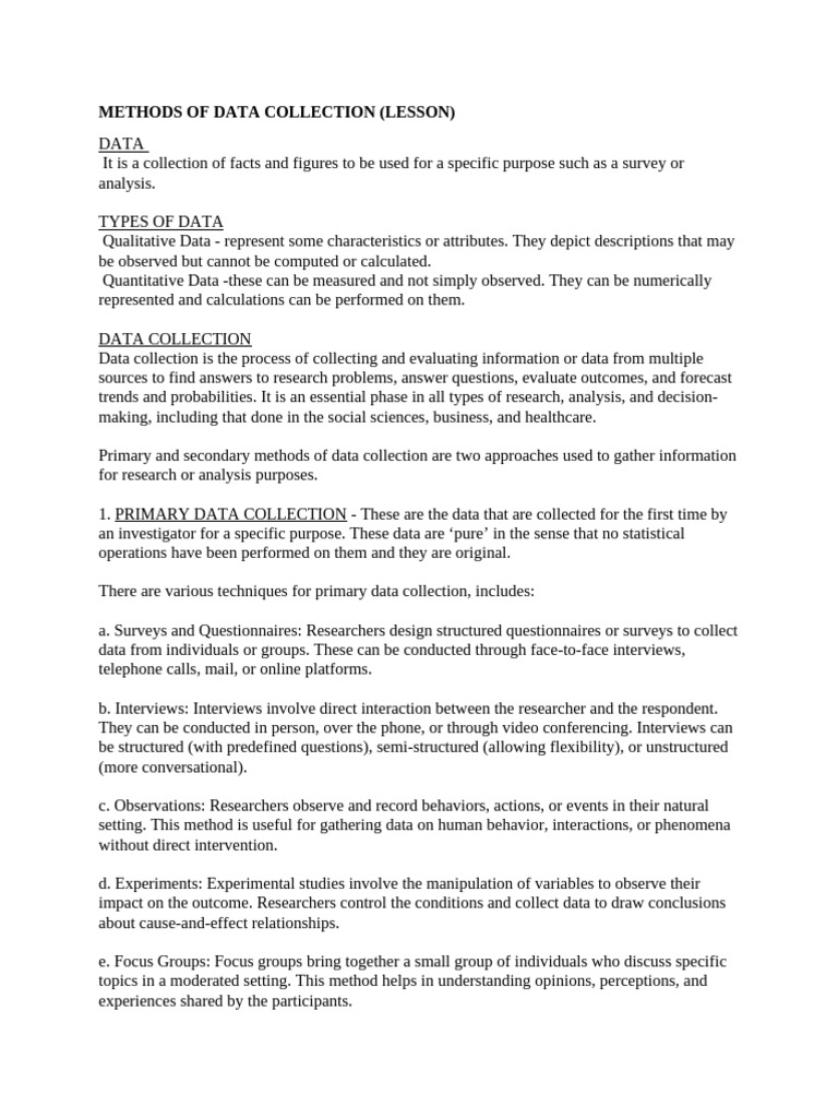 Methods of Data Collection Lesson | PDF | Methodology | Business