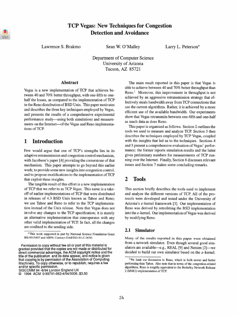 TCP Vegas: New Techniques For Congestion Detection and Avoidance | PDF