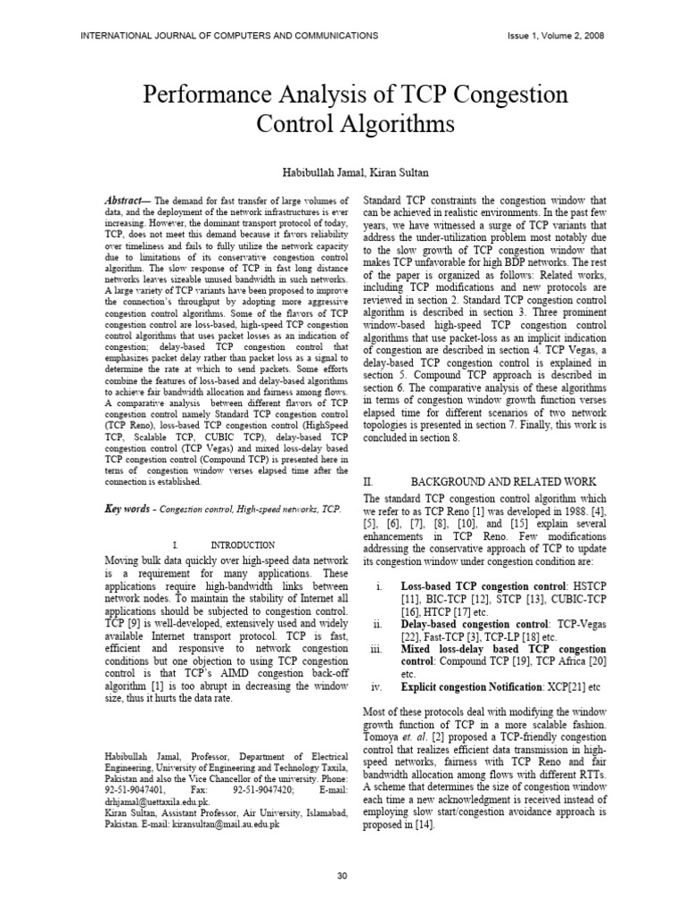Performance Analysis of TCP Congestion Control Algorithms: Habibullah Jamal, Kiran Sultan | PDF