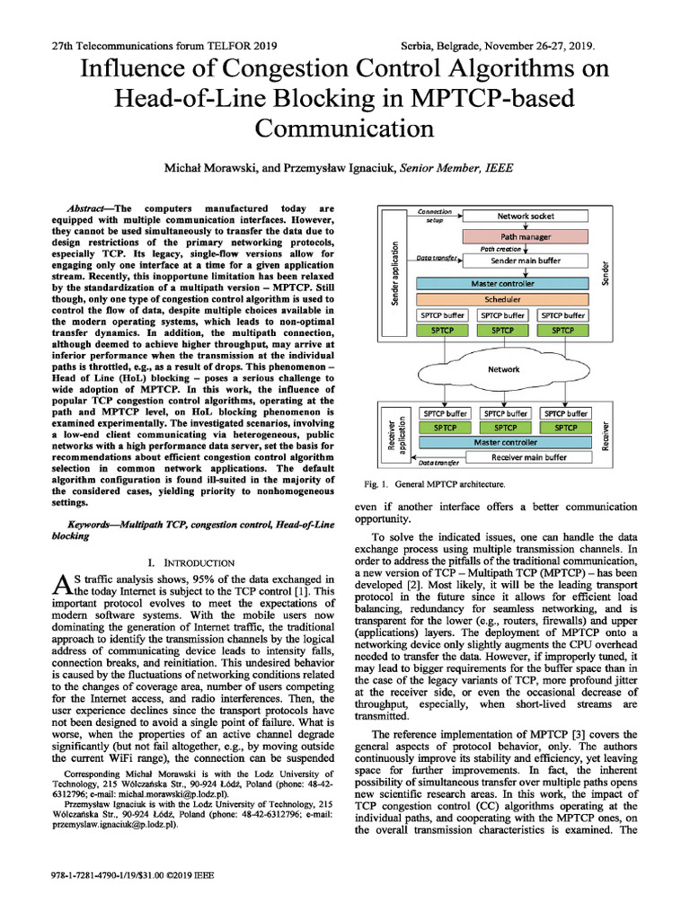 Influence of Congestion Control Algorithms On Head-of-Line Blocking in MPTCP-based Communication ...