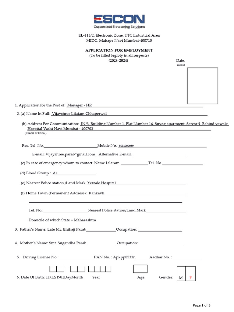 Employment Application Form - ESCON-2023 - New | PDF