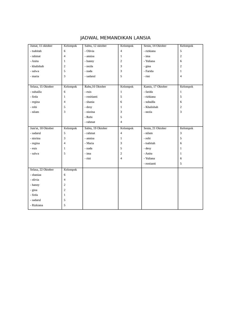 Jadwal Memandikan + Senam | PDF