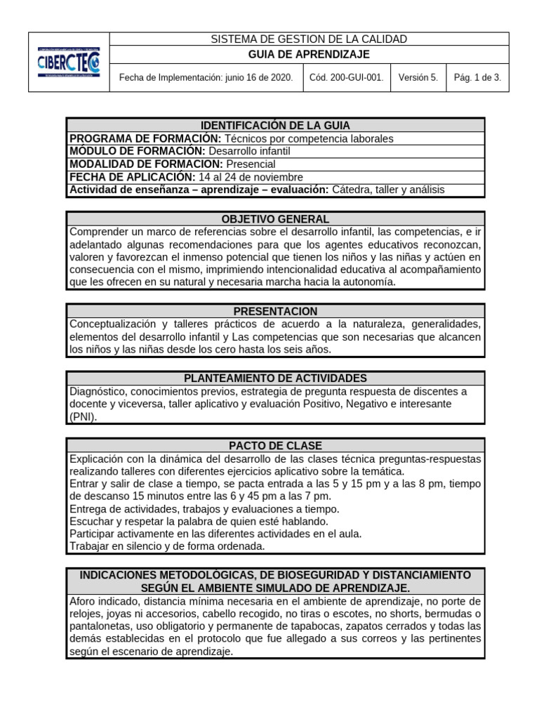 Guía de Aprendizaje Desarrollo Infantil | PDF