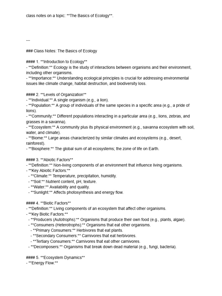 Class Notes On A Topic - The Basics of Ecology - . | PDF