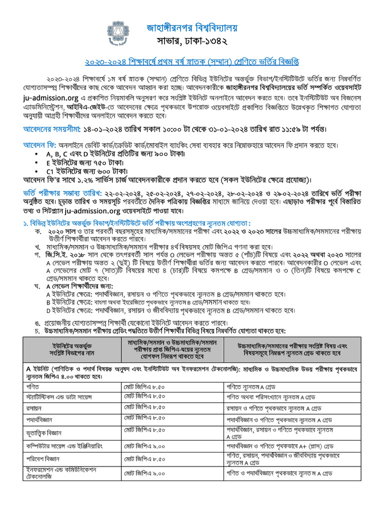 JU Admission Circular 2023-24 | PDF