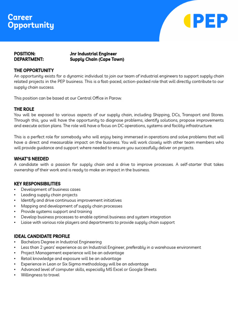 Junior Industrial Engineer - PEP-1 | PDF | Supply Chain | Business Process