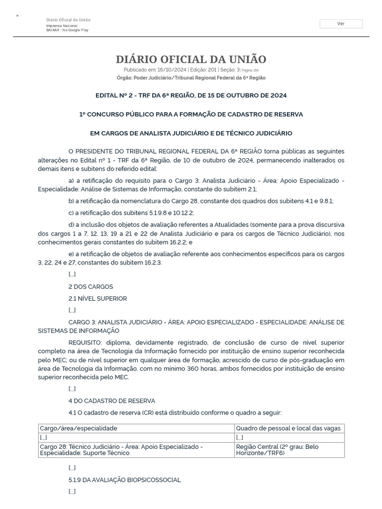 EDITAL #2 - TRF DA 6 REGIÃO, DE 15 DE OUTUBRO DE 2024 - EDITAL #2 - TRF DA 6 REGIÃO, DE 15 DE ...