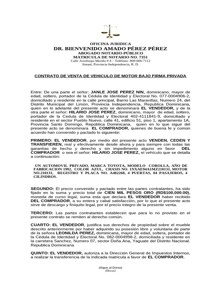 ACTO DE VENTA Vehiculo Joselito e Hilario | PDF