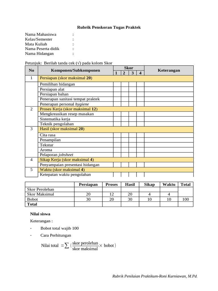 Rubrik Penskoran & Penilaian Praktek | PDF