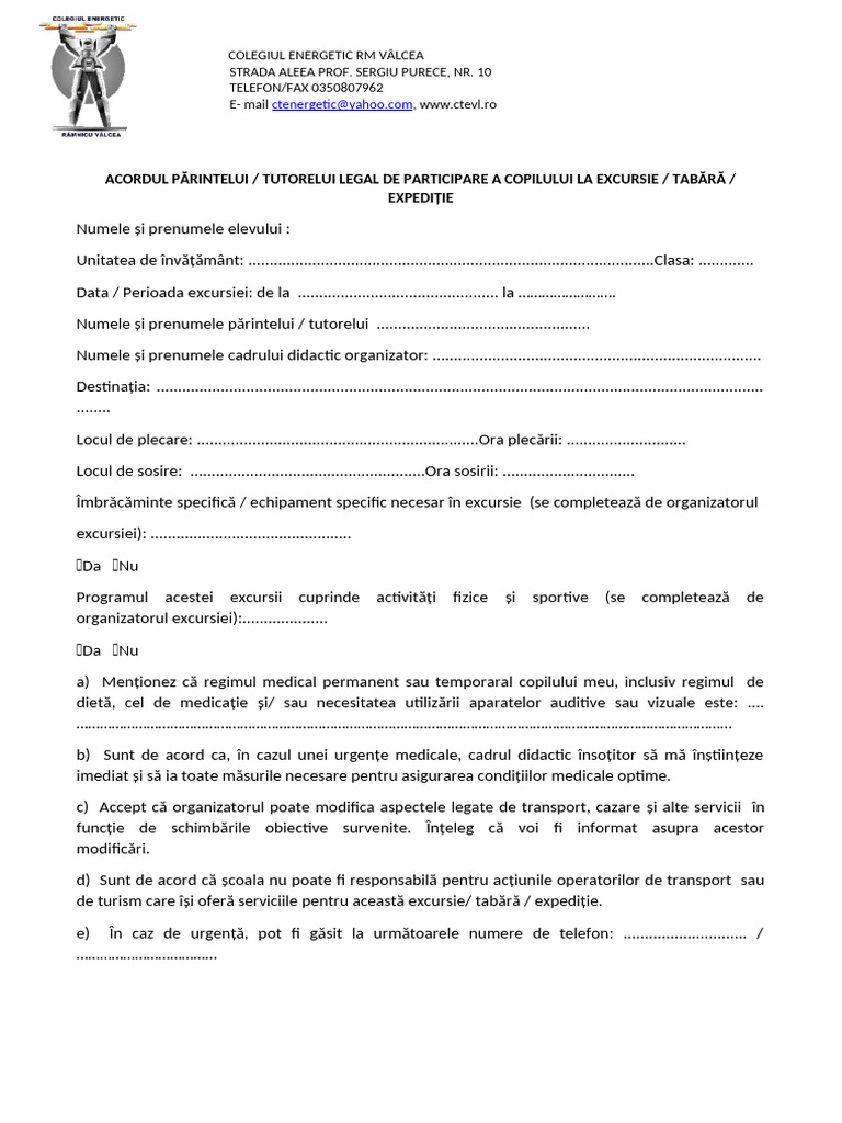 Acordul Parintelui-Excursie | PDF